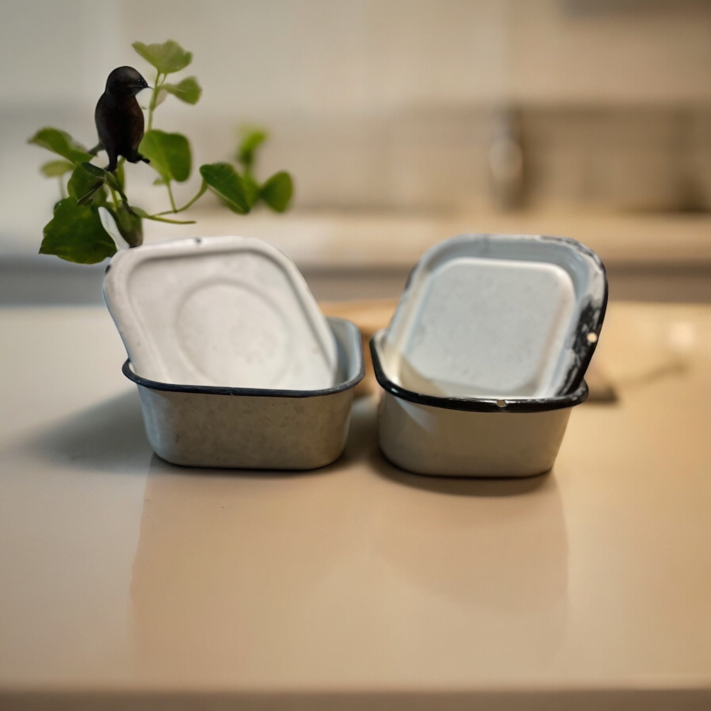 Vintage Enamelware Refrigerator Boxes Set of 2 With Lids White & Black ...