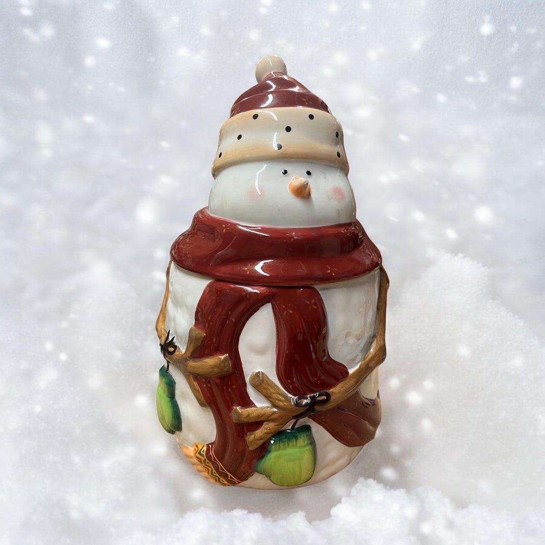 Snowman Cookie Jar W/red Hat & Scarf and Twig Arms W/green Mittens By ...