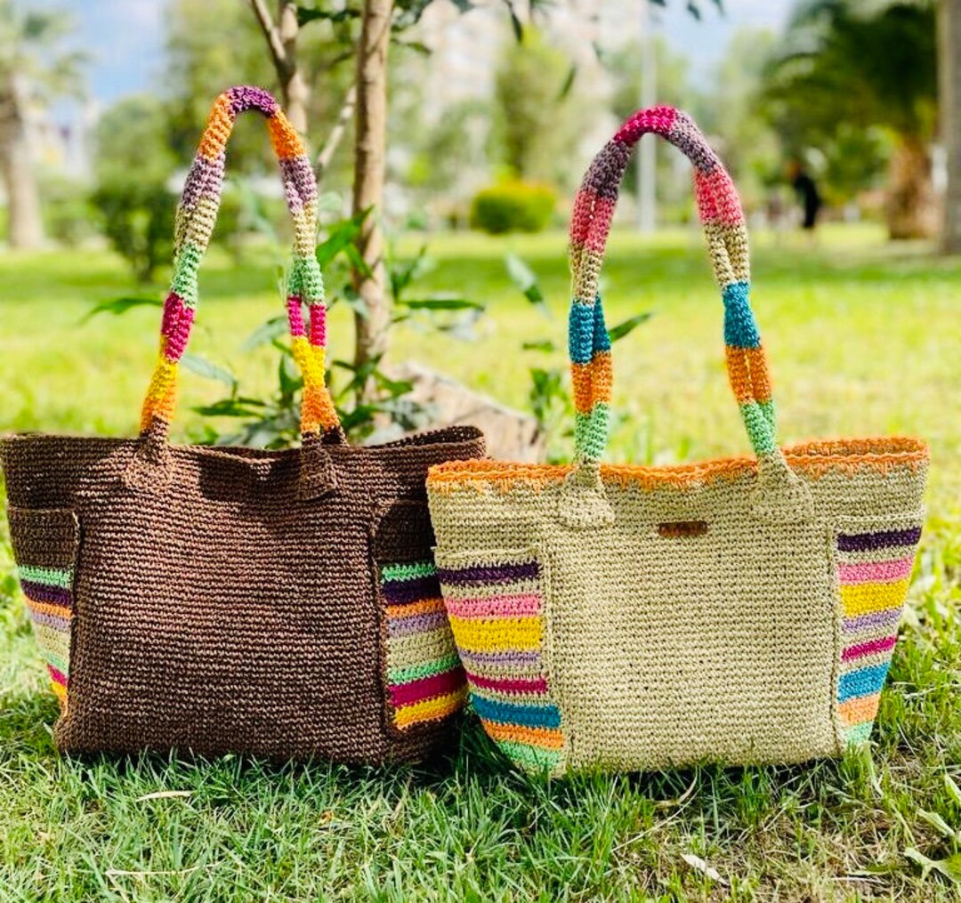 Crochet Raffia Shoulder Bag, Handmade Gift, Handcrafted Colorful Unique ...