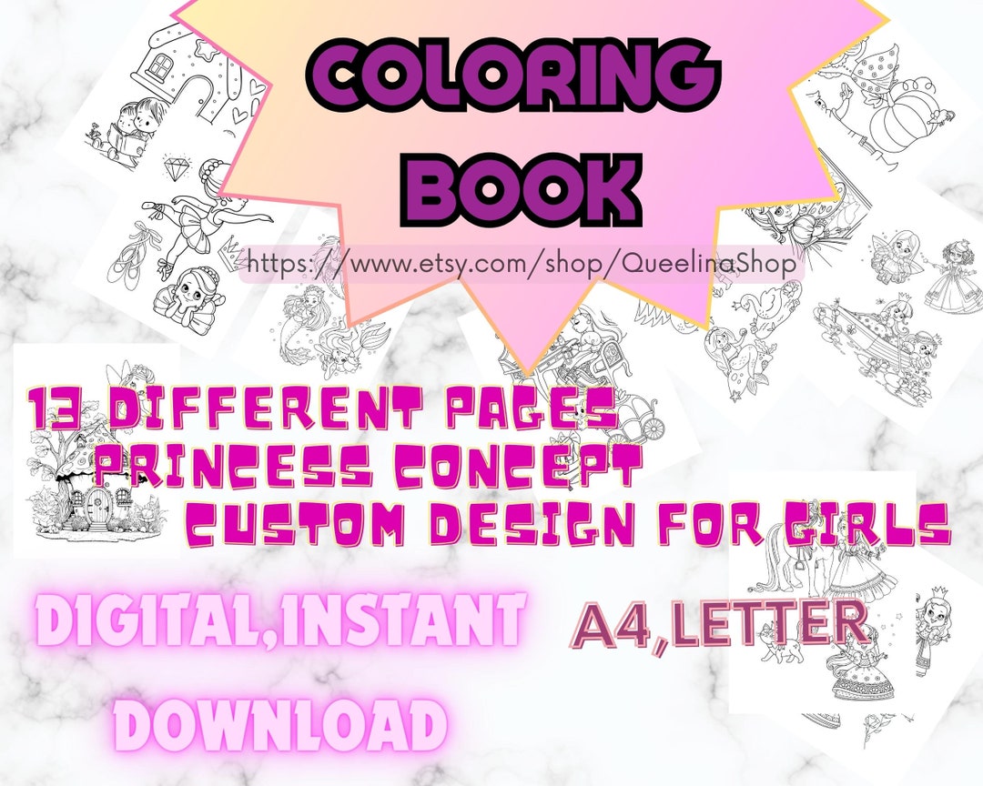 Kids Coloring Book 13 Pages Princess Concept Coloring Book for Children ...