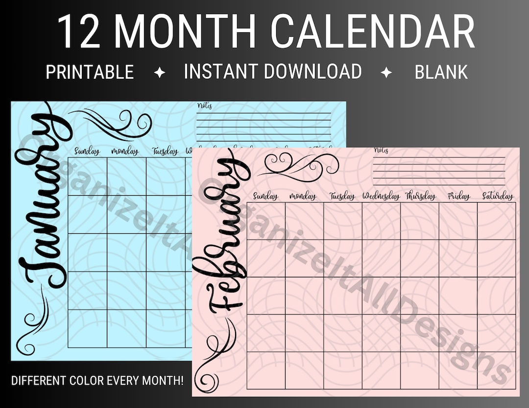 Monthly Calendar - Blank & Colorful - Printable - Digital Download ...