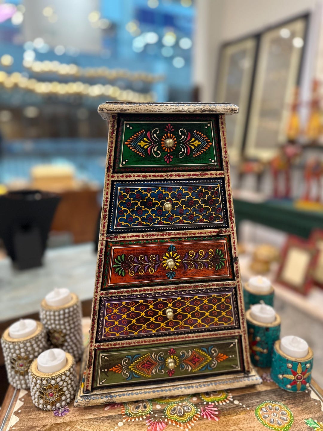 Hand Crafted 5 Drawer Pyramid Wooden Jewelry Box, Colorful Design With ...