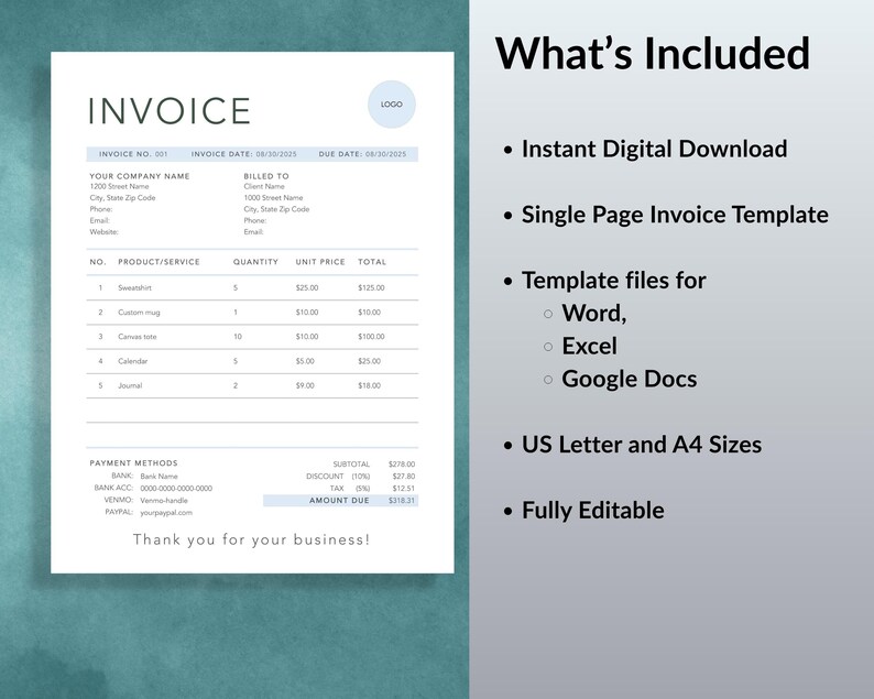Simple Editable Digital Invoice Template -- MS Word, Excel, Google Docs ...