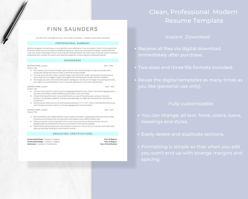 Simple Professional Resume Template to Customize - Etsy