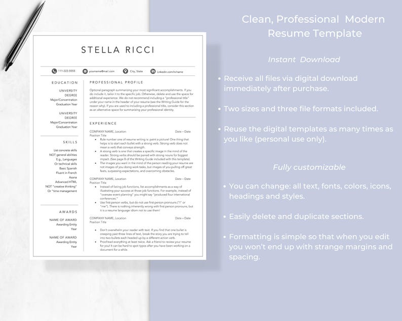 Simple Modern Resume Template -- Editable Digital Download - Etsy