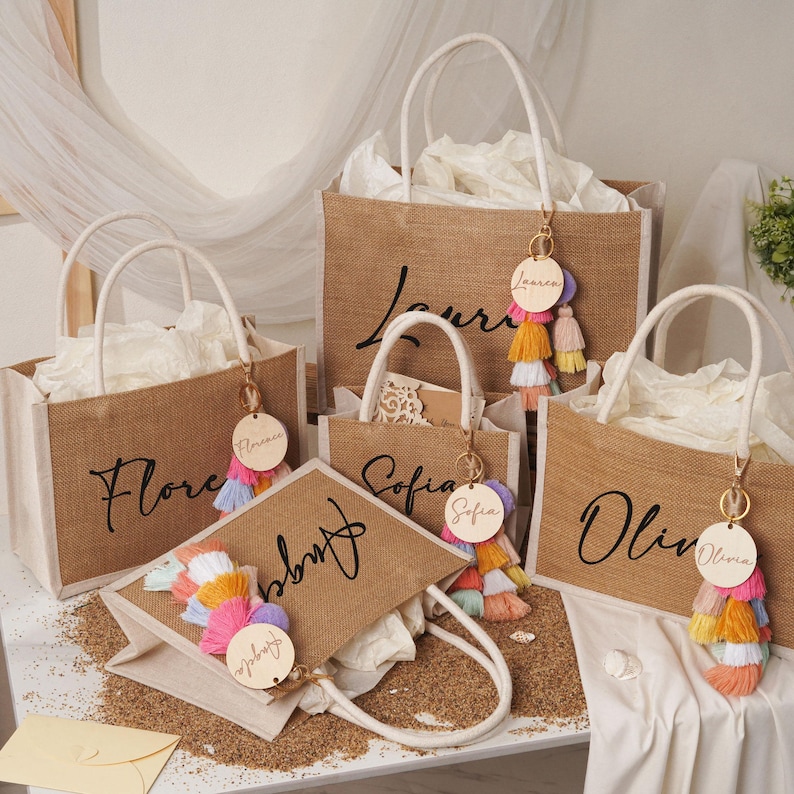 Personalized Burlap Bridesmaid Beach Bags, Bohemian Tassel Charm Tote ...