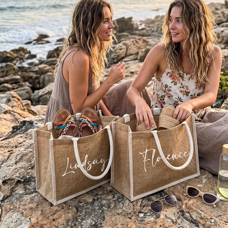 Personalized Burlap Bridesmaid Beach Bags, Bohemian Tassel Charm Tote ...