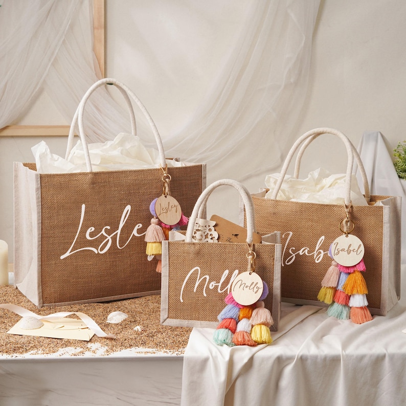 Personalized Burlap Bridesmaid Beach Bags, Bohemian Tassel Charm Tote ...