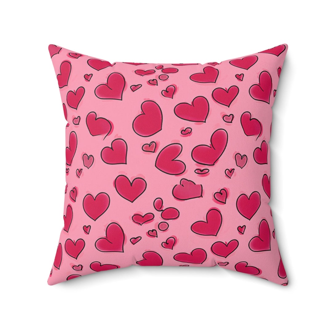 Hot Pink Square Pillow With Hearts, Valentine's Design Spun Polyester ...