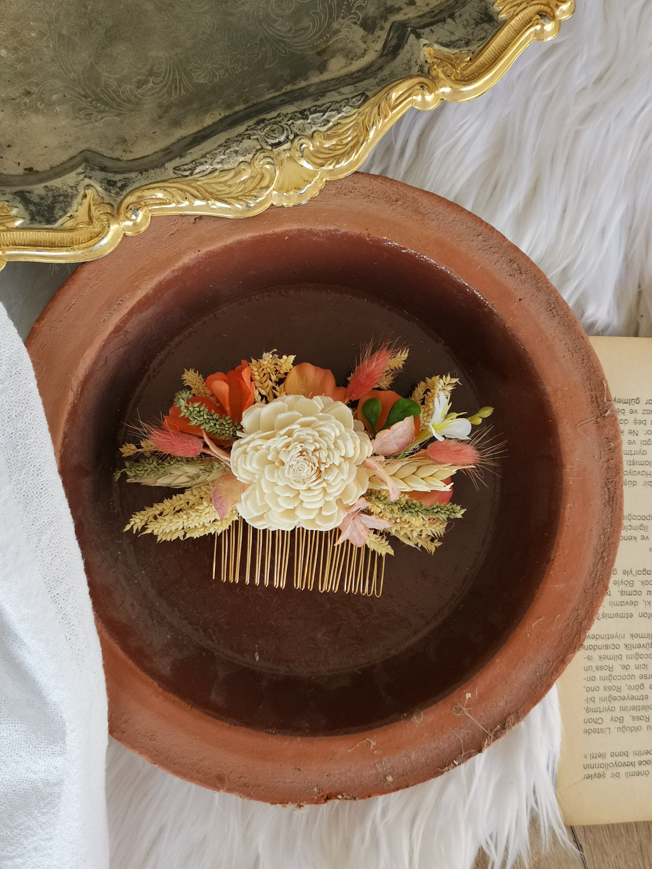 Autumn Boho Orange Flower Hair Comb, Bridal Flower Comb, Boho Floral ...