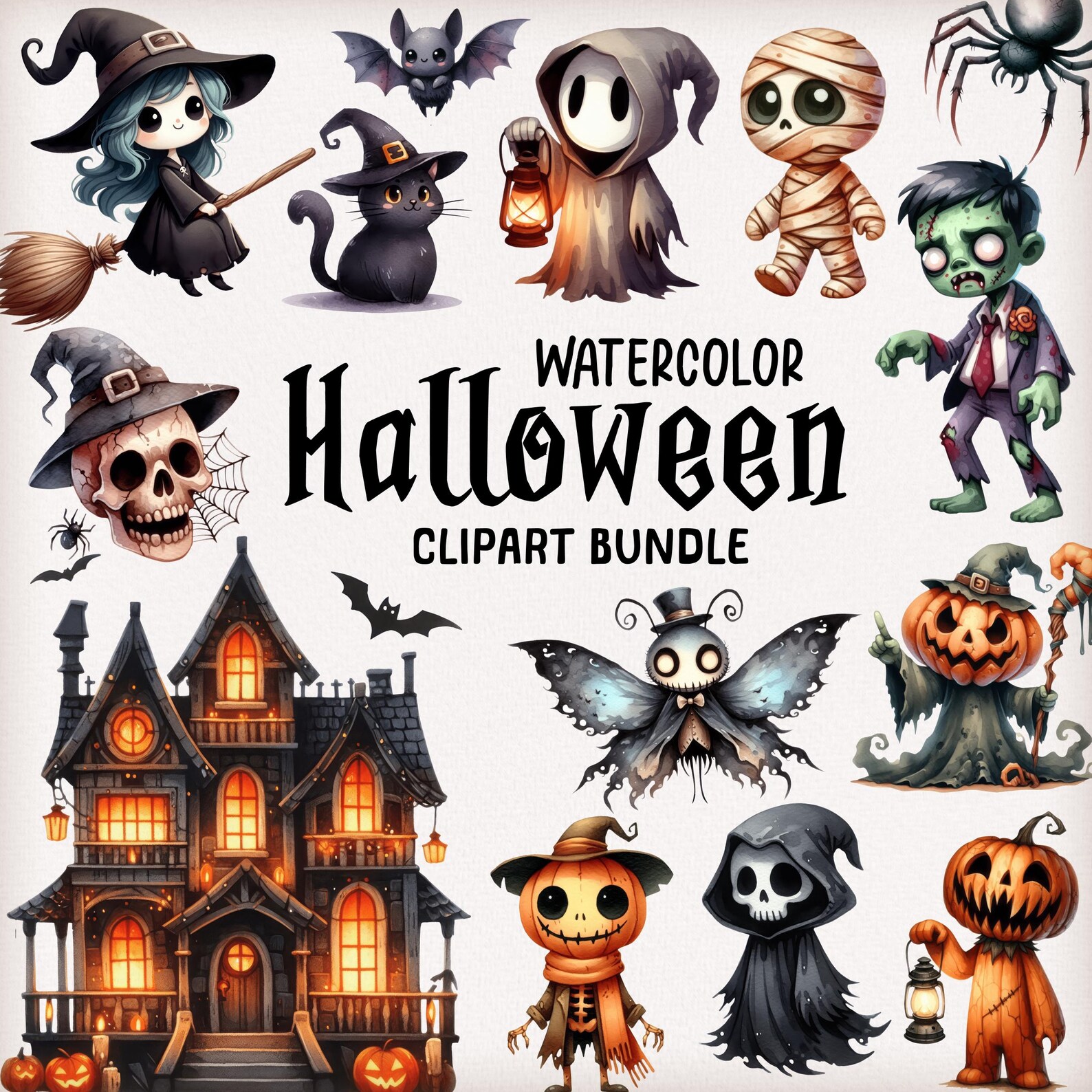 Watercolor Halloween Clipart, Spooky Cute Clip Art, Halloween Clipart ...