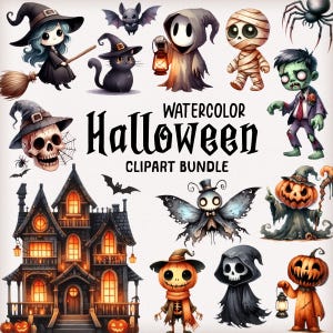 Watercolor Halloween Clipart, Spooky Cute Clip Art, Halloween Clipart ...