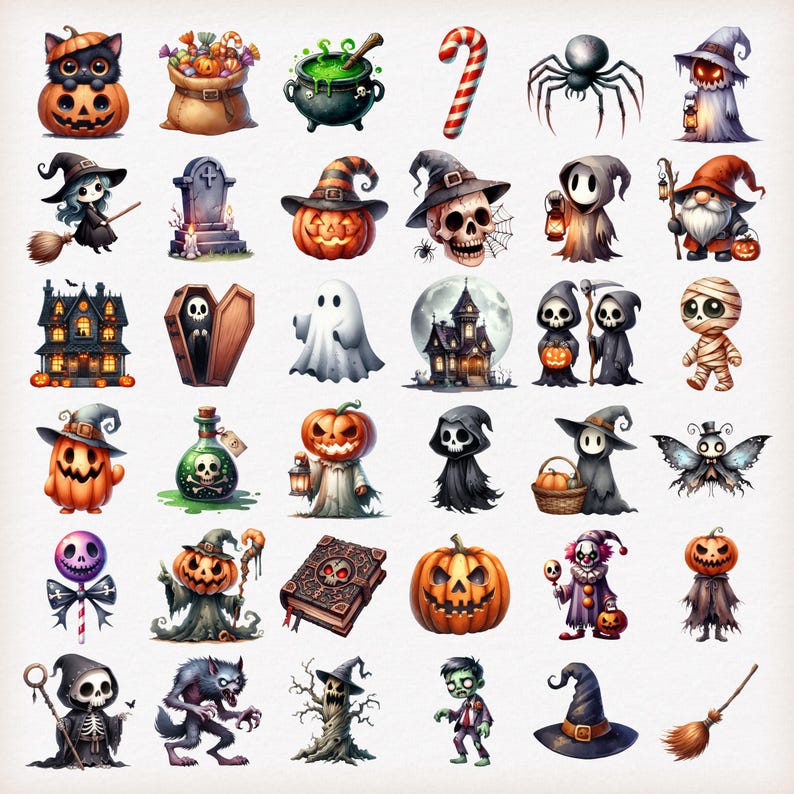 Watercolor Halloween Clipart, Spooky Cute Clip Art, Halloween Clipart ...