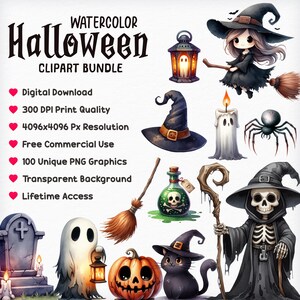 Watercolor Halloween Clipart, Spooky Cute Clip Art, Halloween Clipart ...