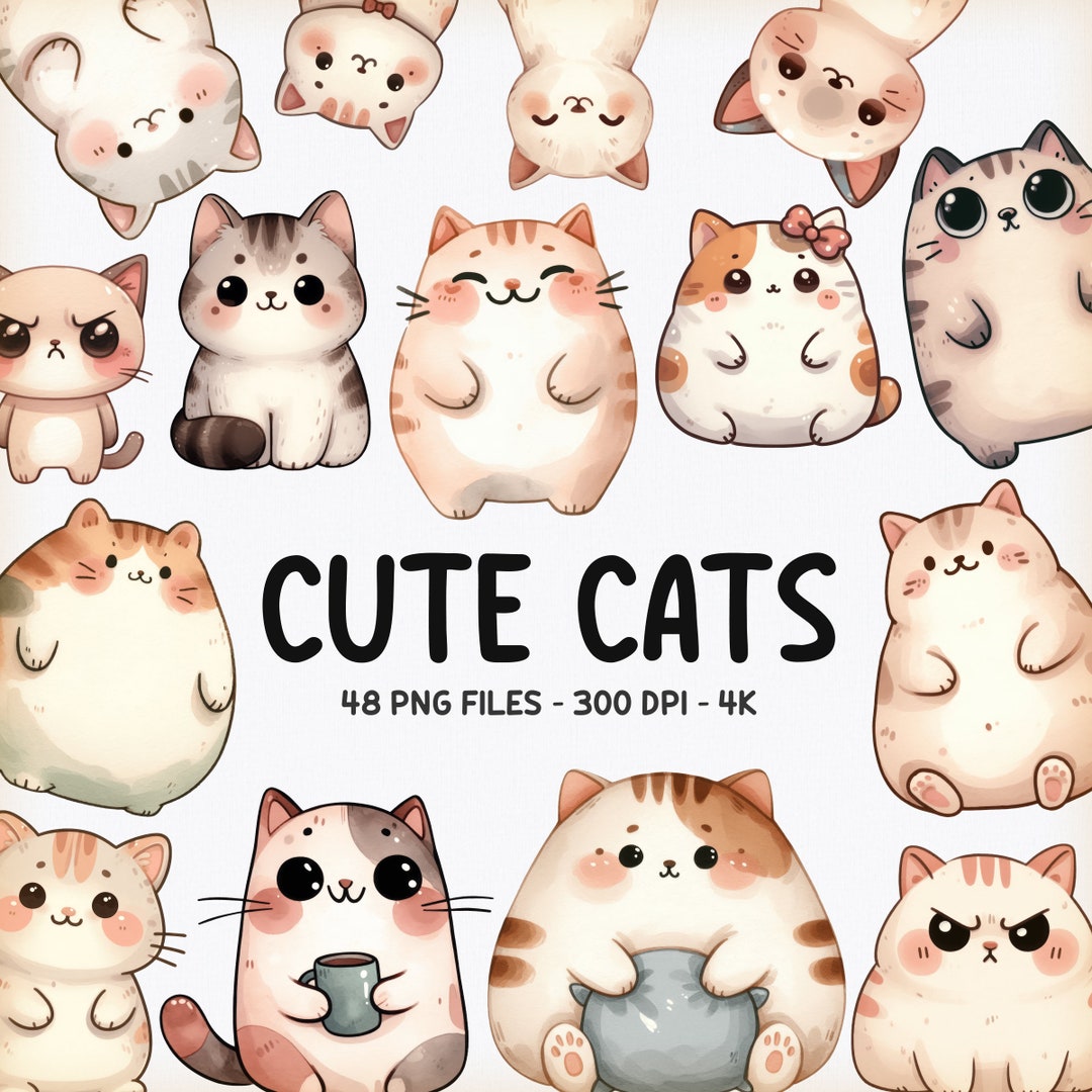 Watercolor Cats Clipart, Cute Cats PNG, Kitten Clipart, Cat PNG, Funny ...