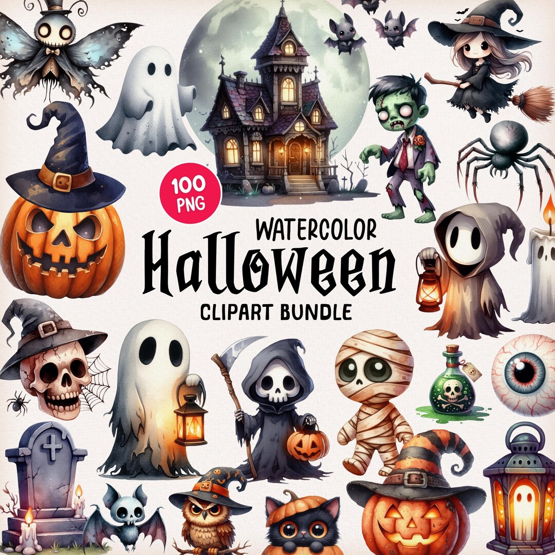 Watercolor Halloween Clipart, Spooky Cute Clip Art, Halloween Clipart ...