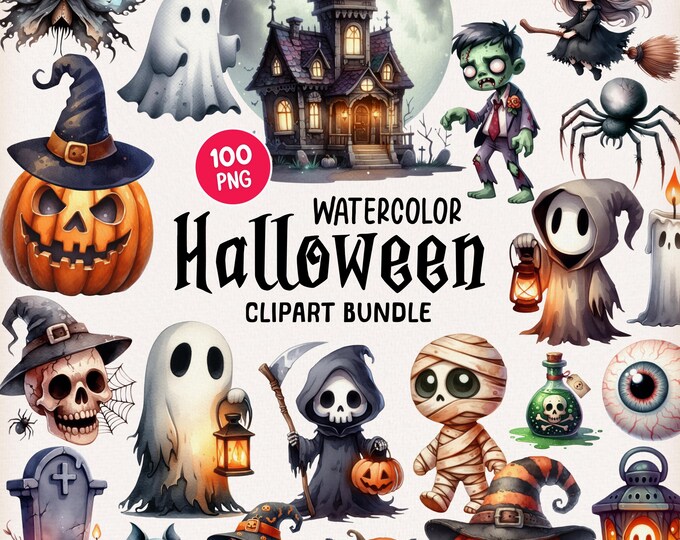 105 Spooky Halloween Ghost Clipart, Watercolor Clipart, Halloween PNG ...
