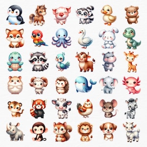 Cute Animals Clipart, Watercolor Animals Clipart, Cute Animal PNG, Baby ...