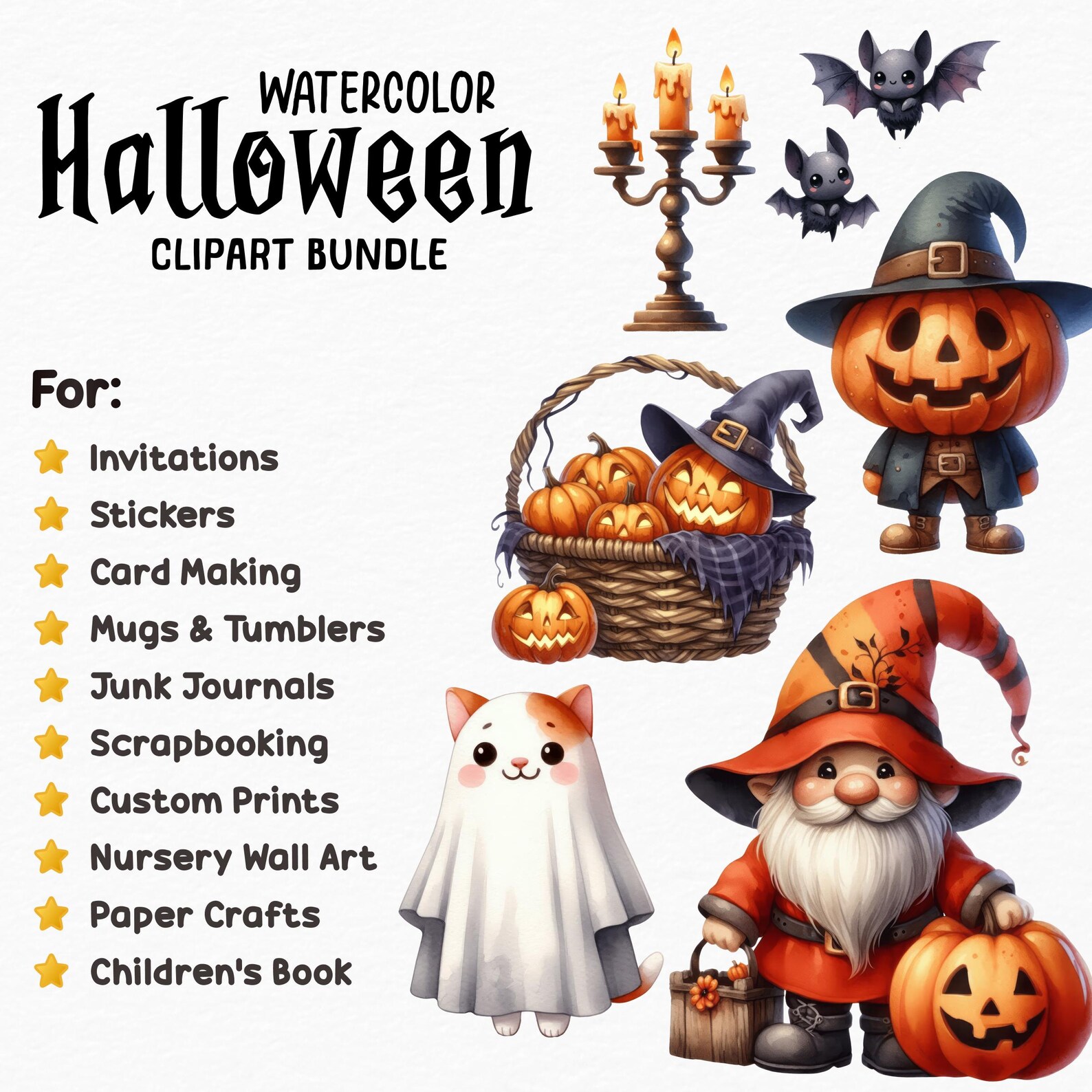 Watercolor Halloween Clipart, Spooky Cute Clip Art, Halloween Clipart ...