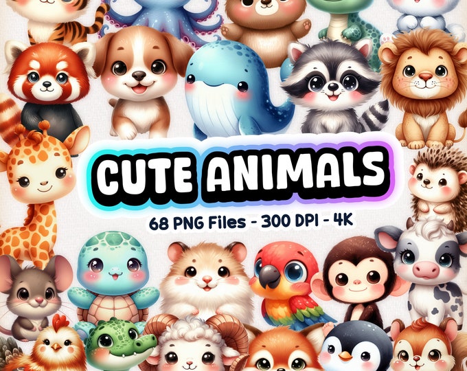 Cute Animals Clipart, Watercolor Animals Clipart, Cute Animal PNG, Baby ...