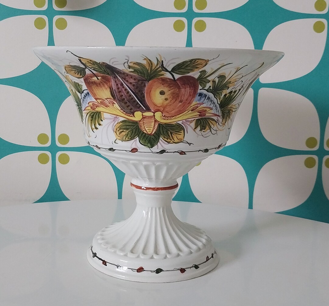 Numbered Italian Pedestal or Compote Bowl in Vibrant Fruit and Greenery ...