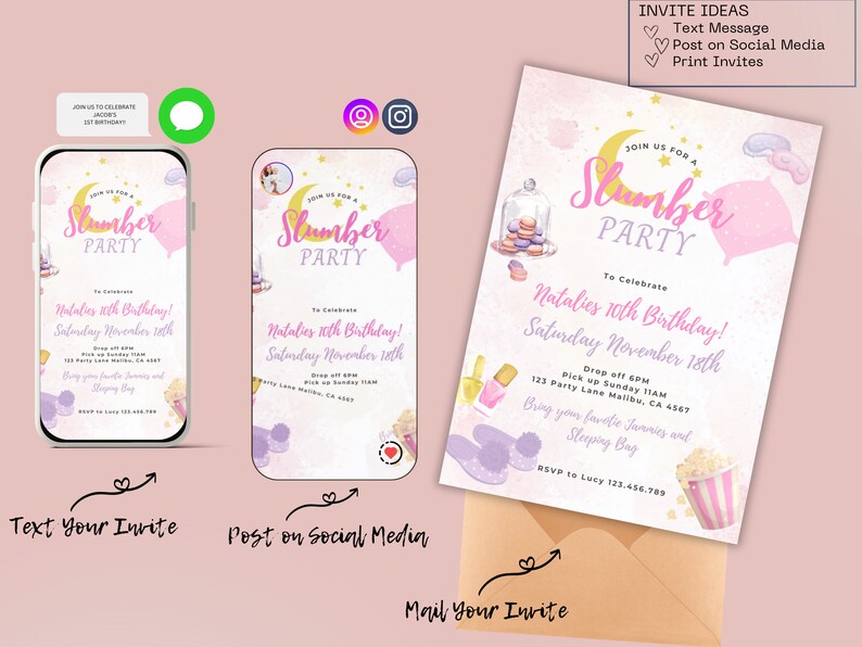 Invite Bundle Slumber Party Invitation Sleepover Birthday Invite Pink
