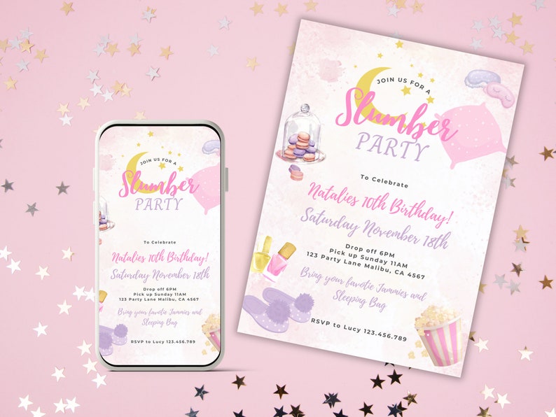 Invite Bundle Slumber Party Invitation Sleepover Birthday Invite Pink