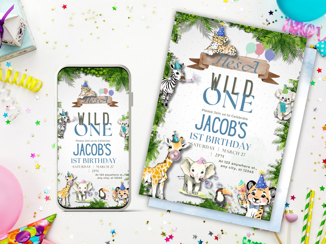 Wild One Birthday Invitation: Safari Animals, SMS Invite (canva ...