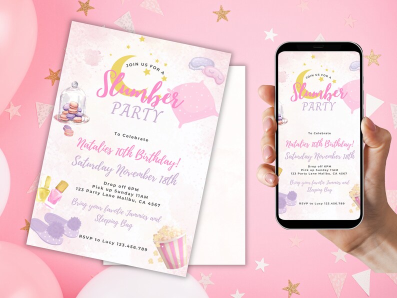 Invite Bundle Slumber Party Invitation Sleepover Birthday Invite Pink
