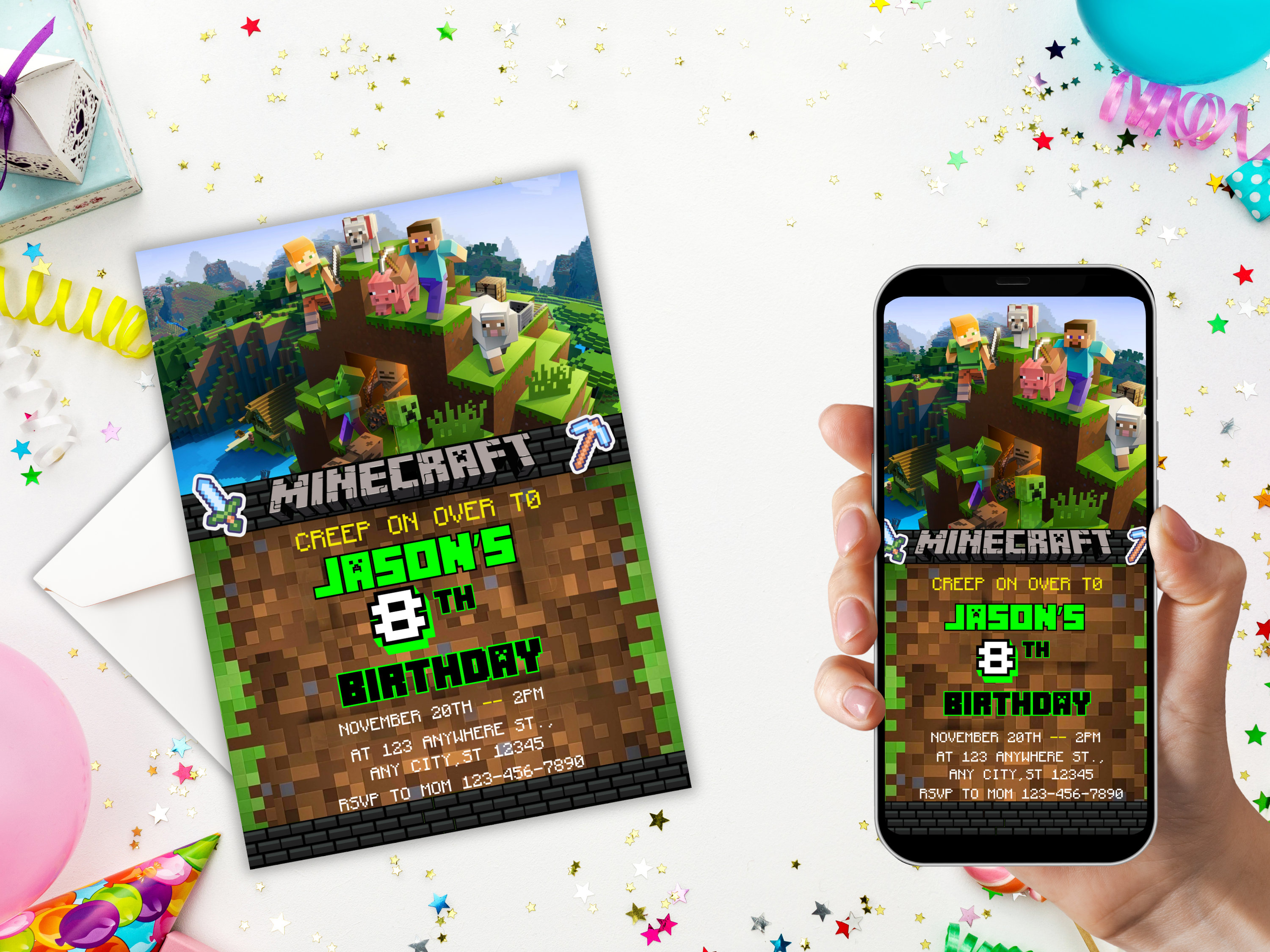 INVITE BUNDLE Gamer Theme Invitation Editable Minecraft Birthday ...