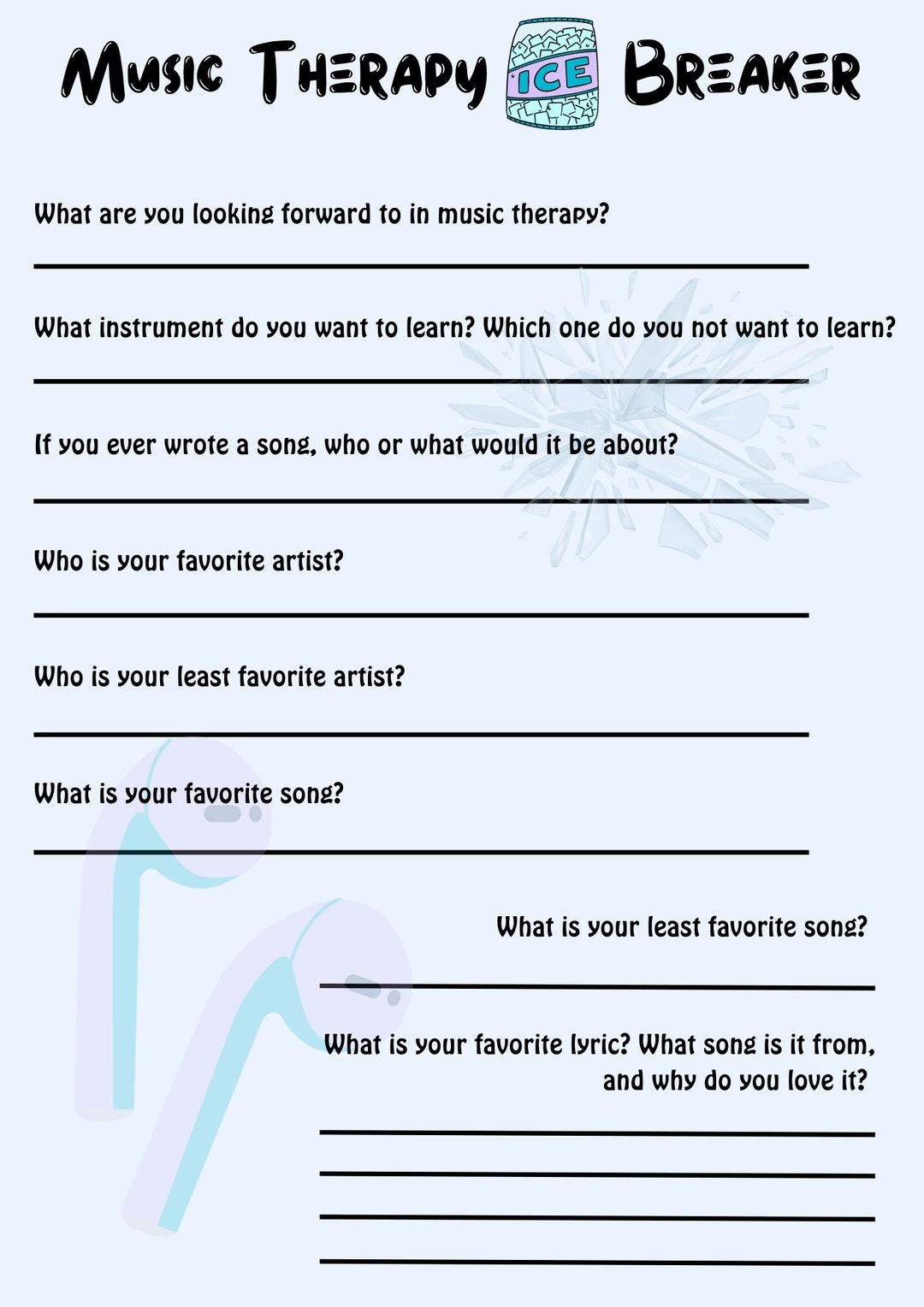 Music Therapy Ice Breaker Worksheet Intervention - Etsy
