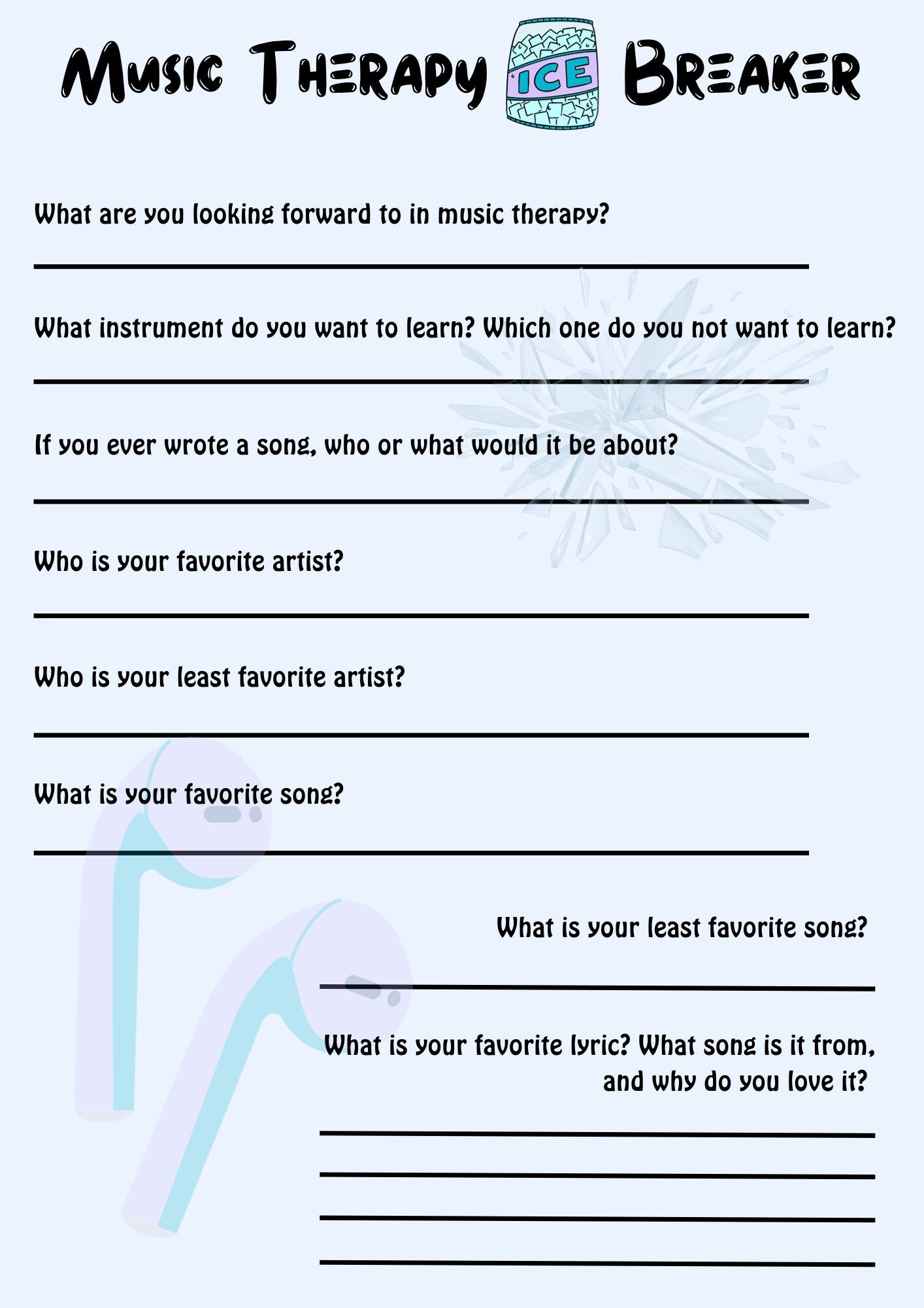 Music Therapy Ice Breaker Worksheet Intervention - Etsy