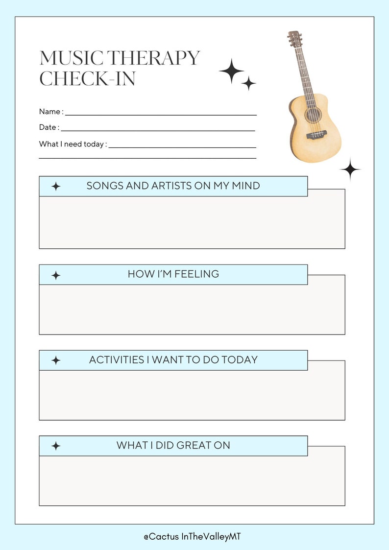 Music Therapy Check-in Worksheet Blue, Introduction Intervention, Music ...