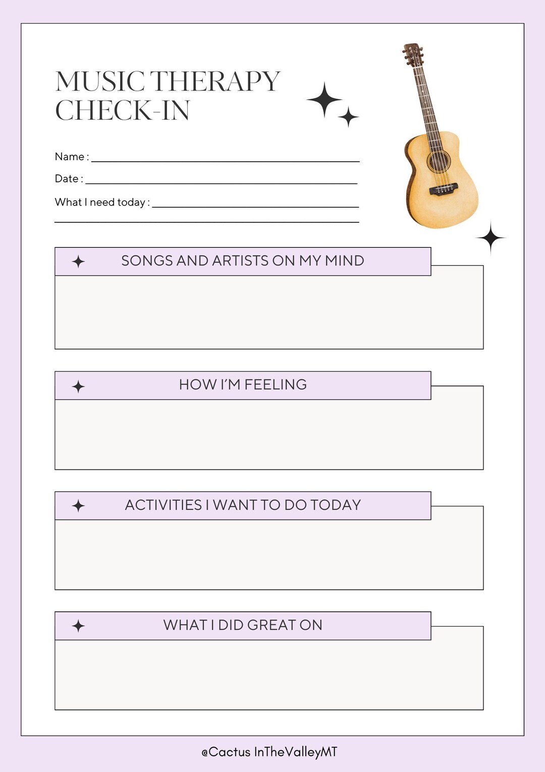 Music Therapy Check-in Worksheet Purple, Introduction Intervention ...