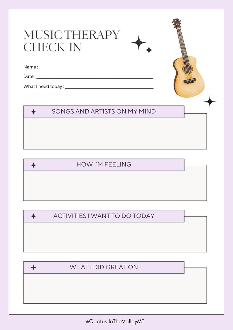 Music Therapy Check-in Worksheet Purple, Introduction Intervention ...