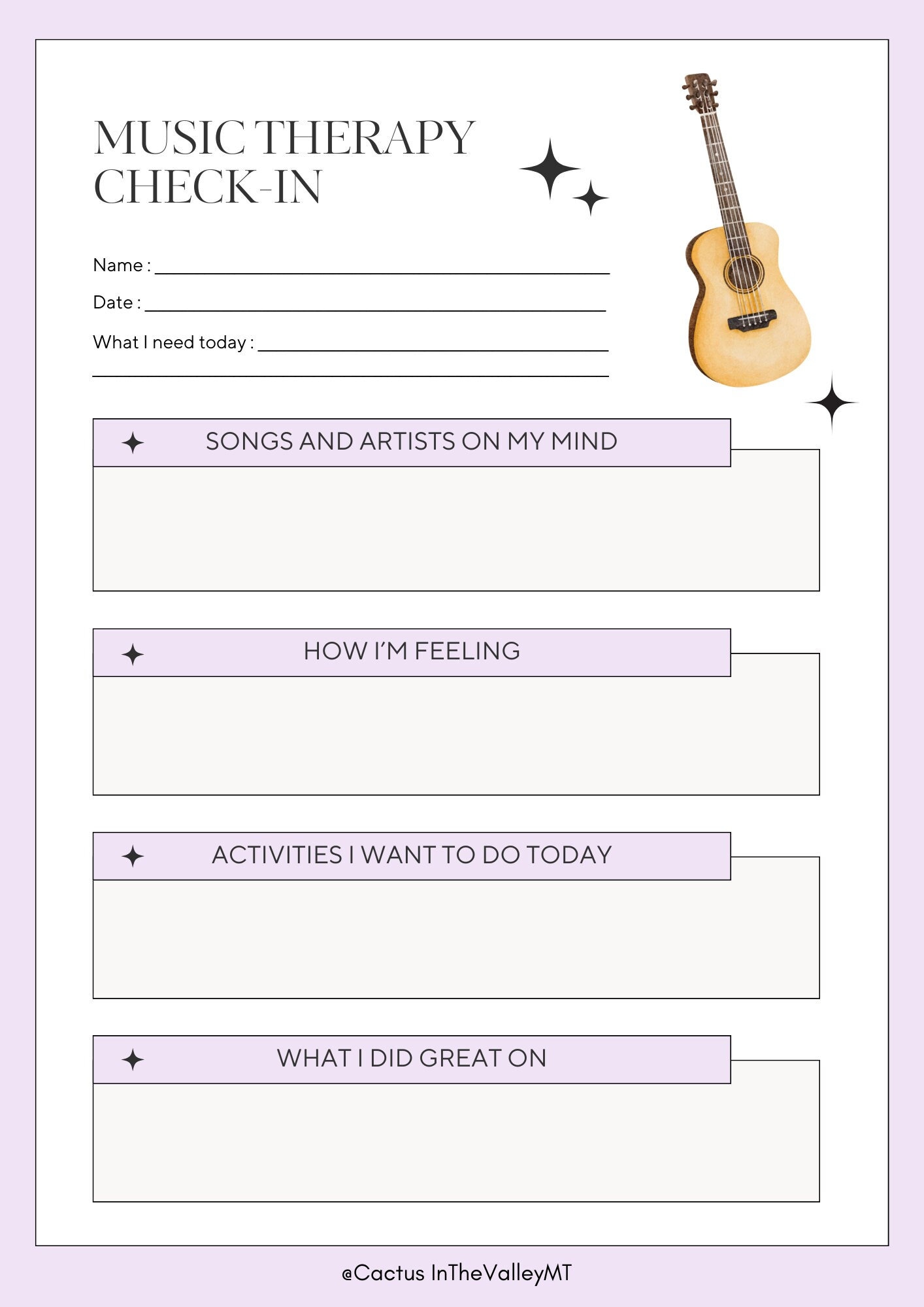 Music Therapy Check-in Worksheet Purple, Introduction Intervention ...