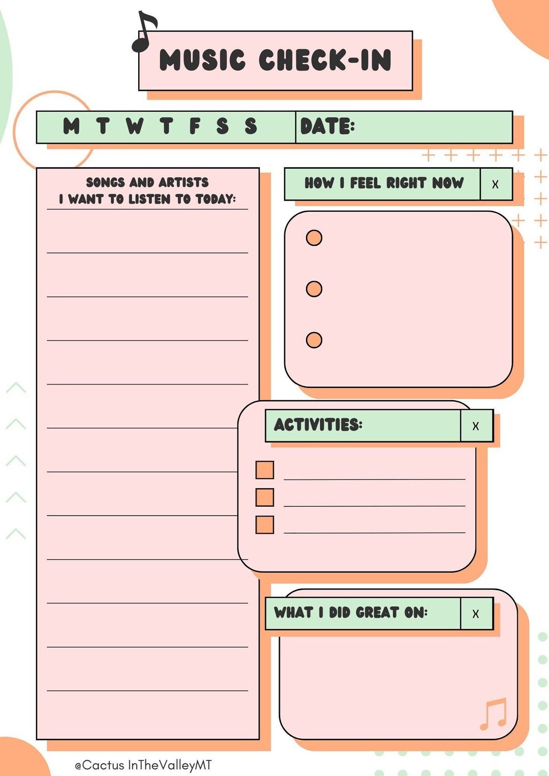 Music Therapy Check-in Worksheet Orange Cream/mint, Introduction ...