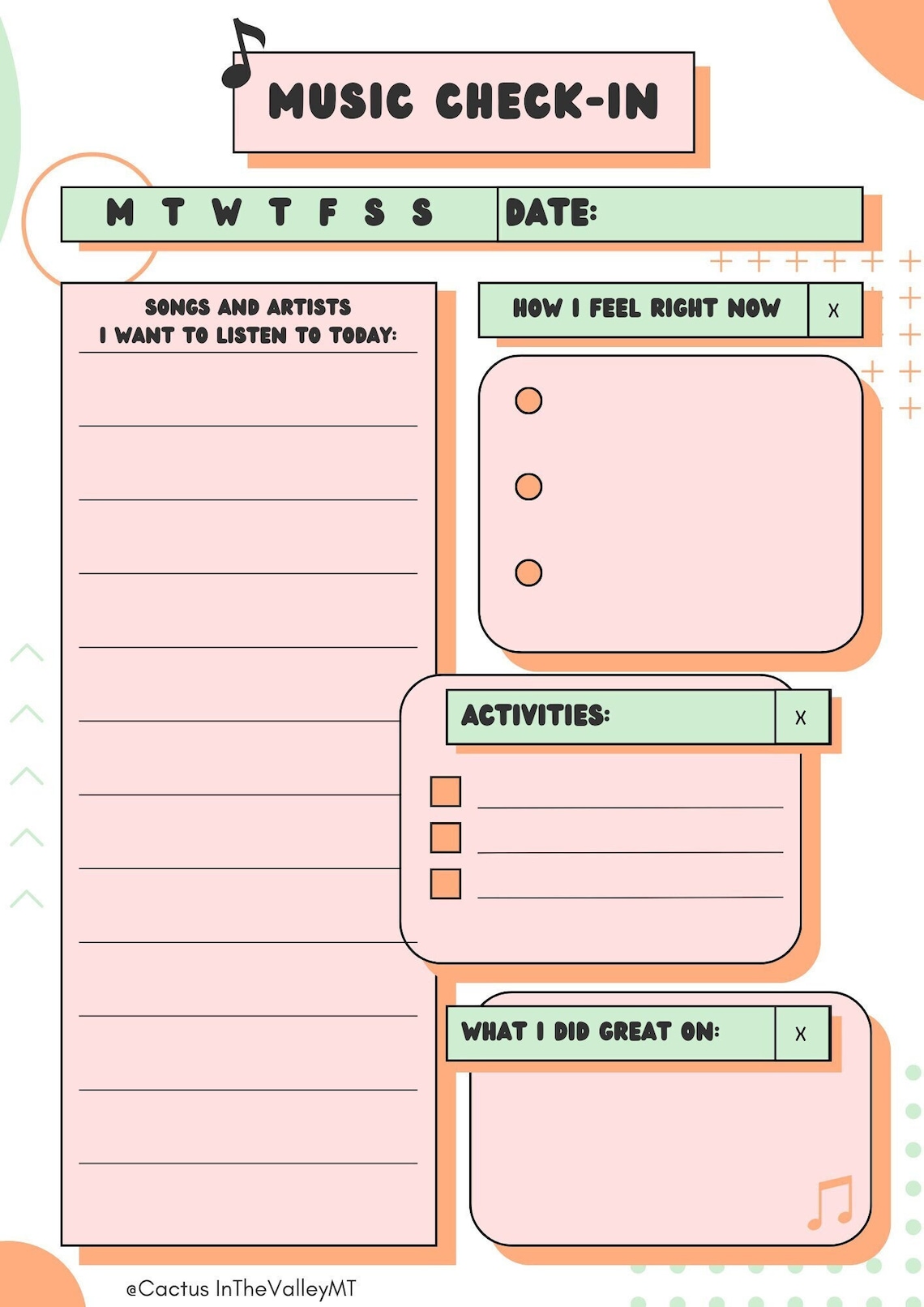 Music Therapy Check-in Worksheet Orange Cream/mint, Introduction ...