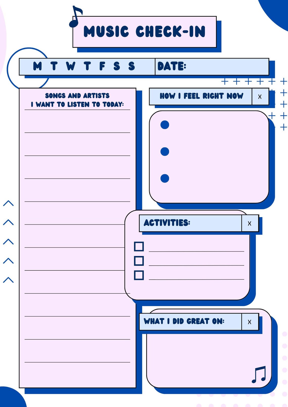 Music Therapy Check-in Worksheet Lavender/blue, Introduction ...