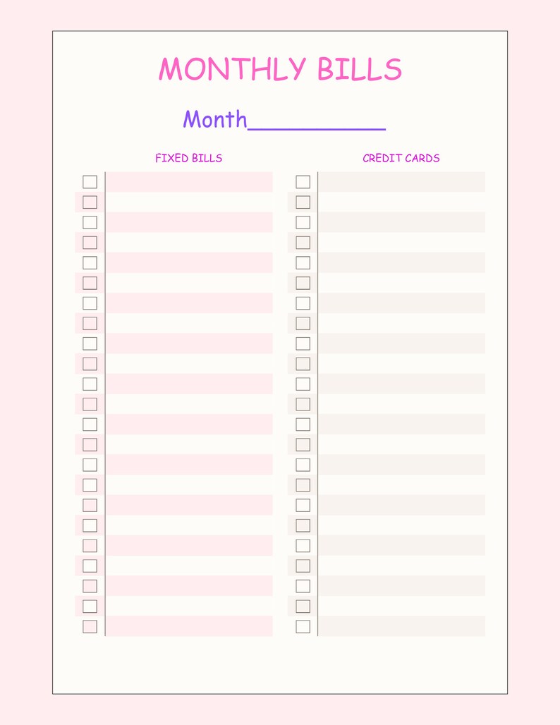 Monthly Bill Tracker - Etsy