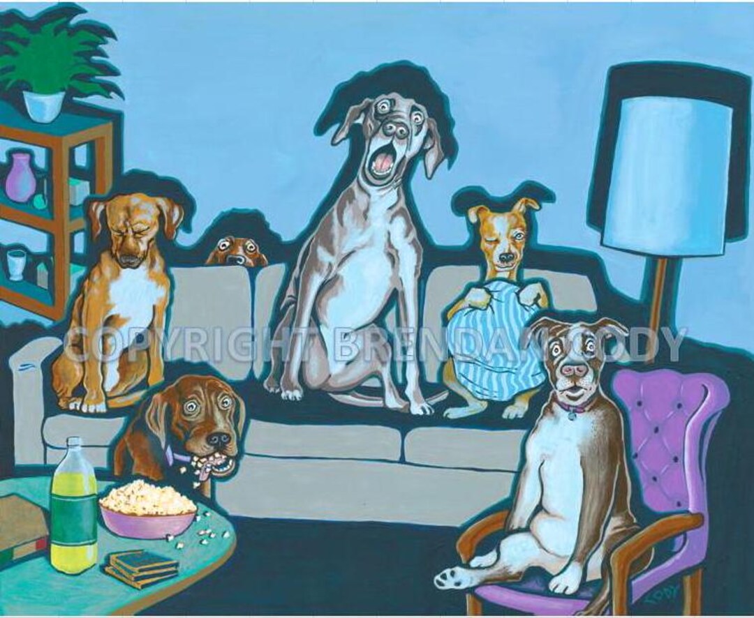 Art Print "movie Night" by Brendan Cody, (dogs Watching Scary Movie ...