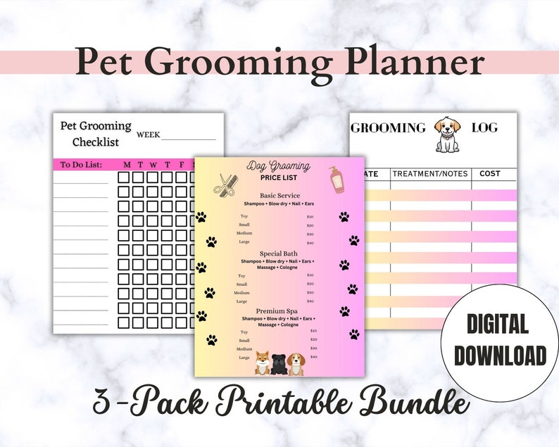 Pet Grooming Checklist, Daily Log Tasks, Pet Stylist Pricing Printable ...