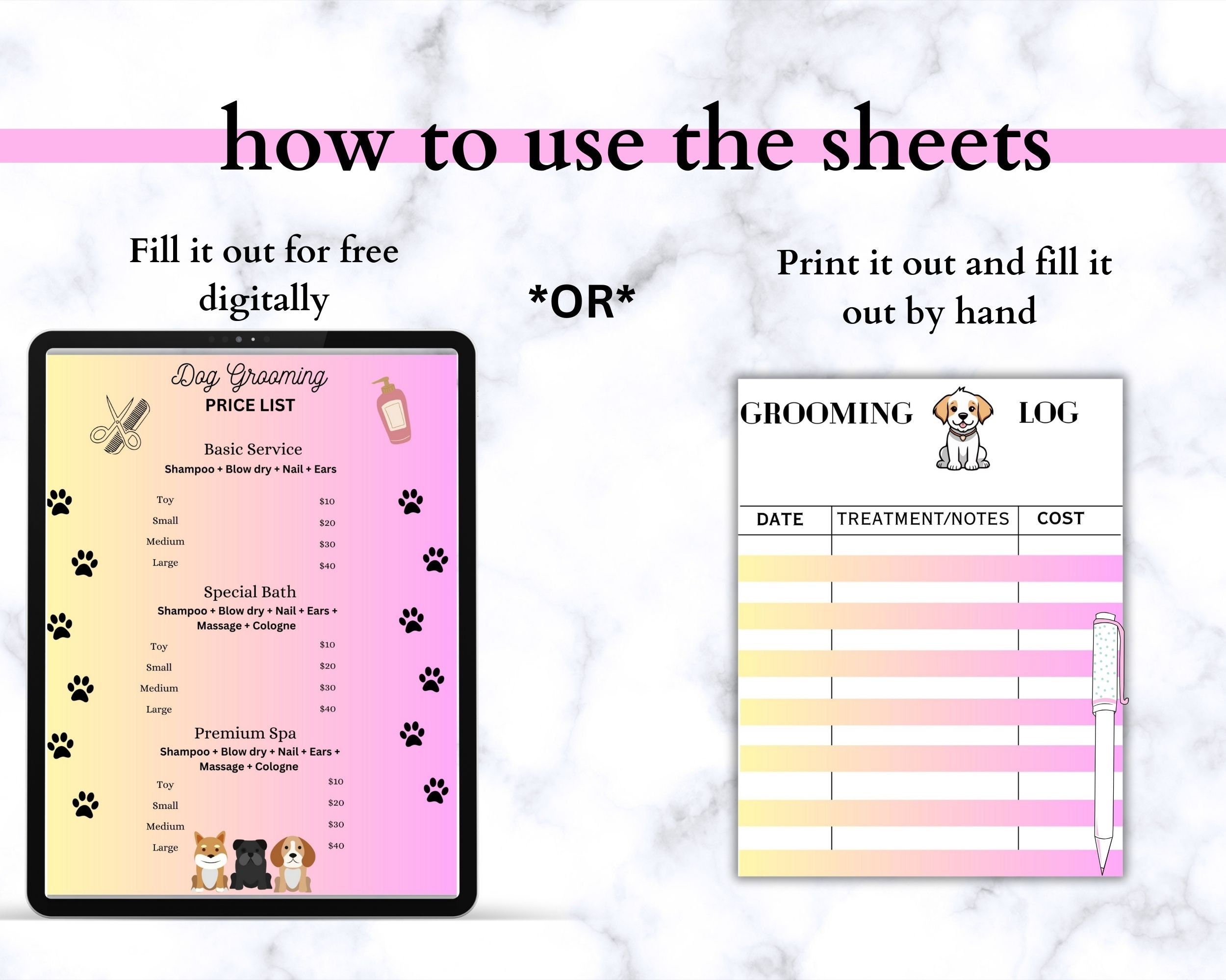 Pet Grooming Checklist, Daily Log Tasks, Pet Stylist Pricing Printable ...