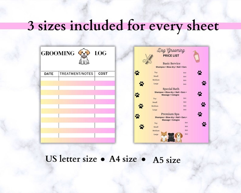 Pet Grooming Checklist, Daily Log Tasks, Pet Stylist Pricing Printable ...