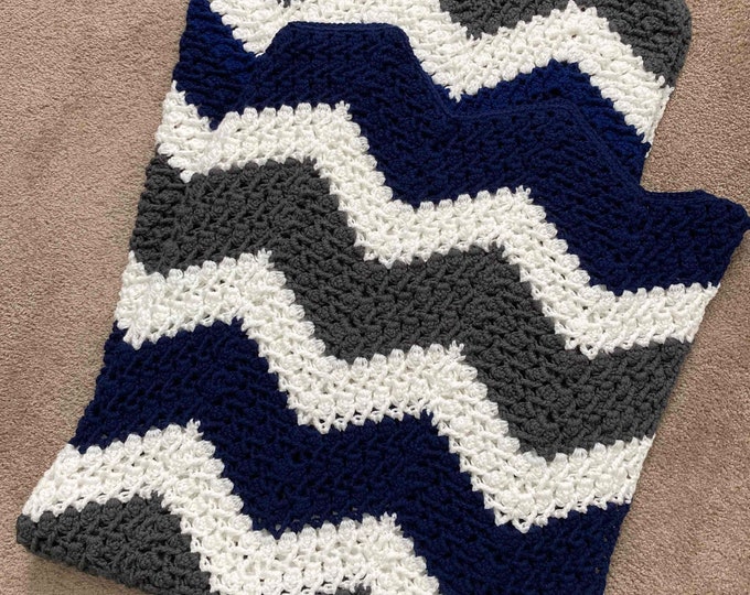 Hand Crochet Blanket - Navy Blue, Gray and White - 48x60 Inches - Etsy