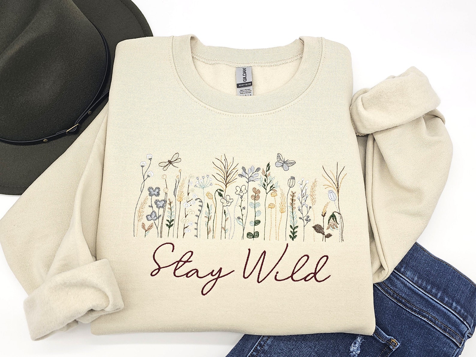 Boho Embroidered Wildflower Cozy Crewneck Sweatshirt With Stay Wild ...