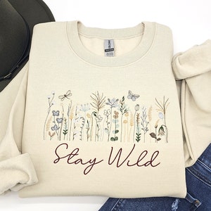Boho Embroidered Wildflower Cozy Crewneck Sweatshirt With Stay Wild ...