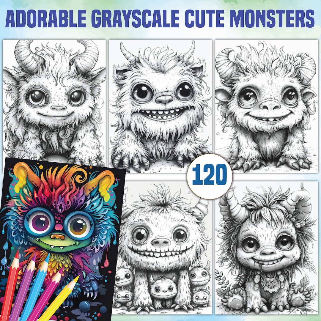 Grayscale Fantasy Adorable Cute Monsters Coloring Pages for Kids and ...