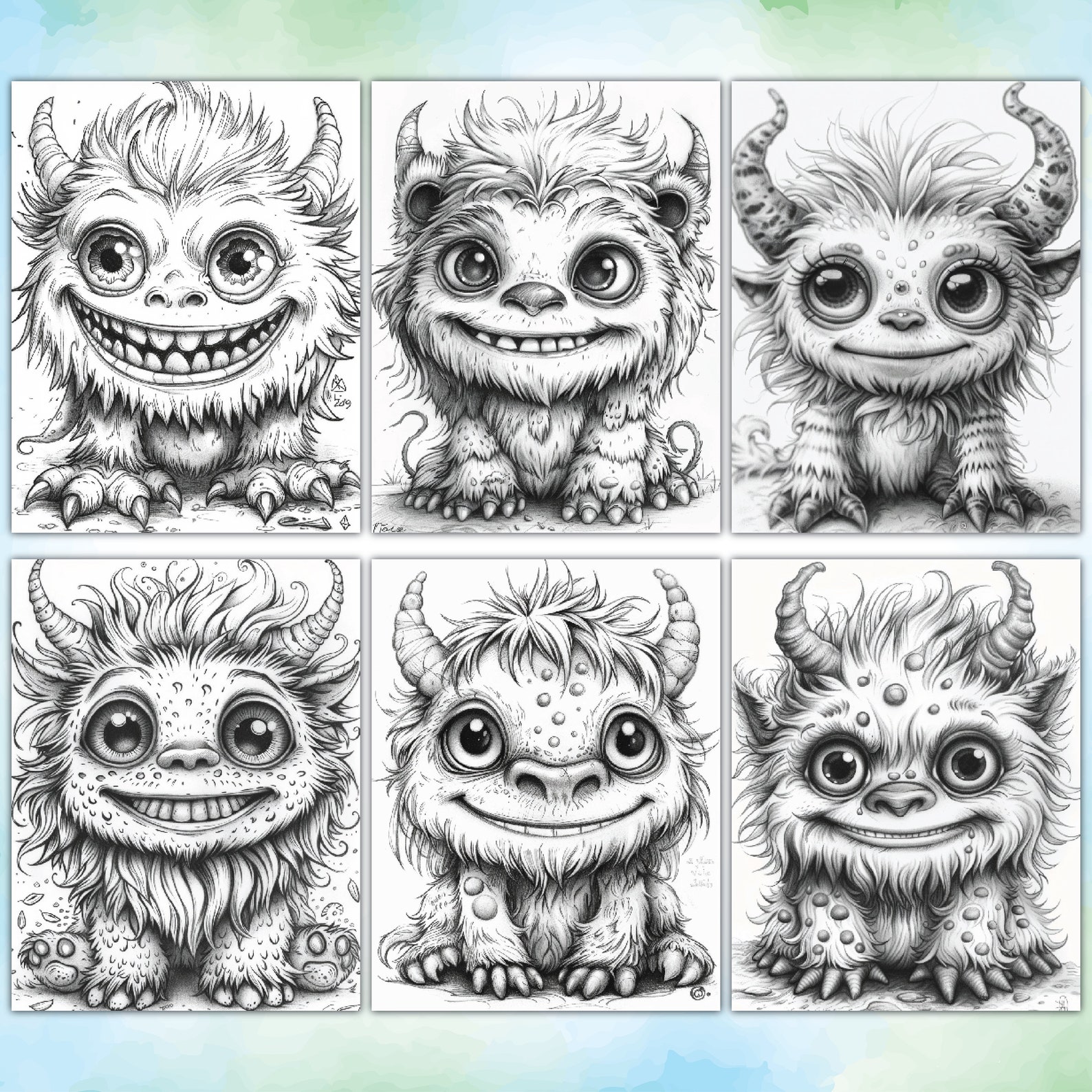 Grayscale Fantasy Adorable Cute Monsters Coloring Pages for Kids and ...