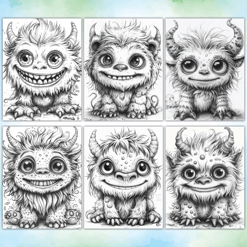 Grayscale Fantasy Adorable Cute Monsters Coloring Pages for Kids and ...